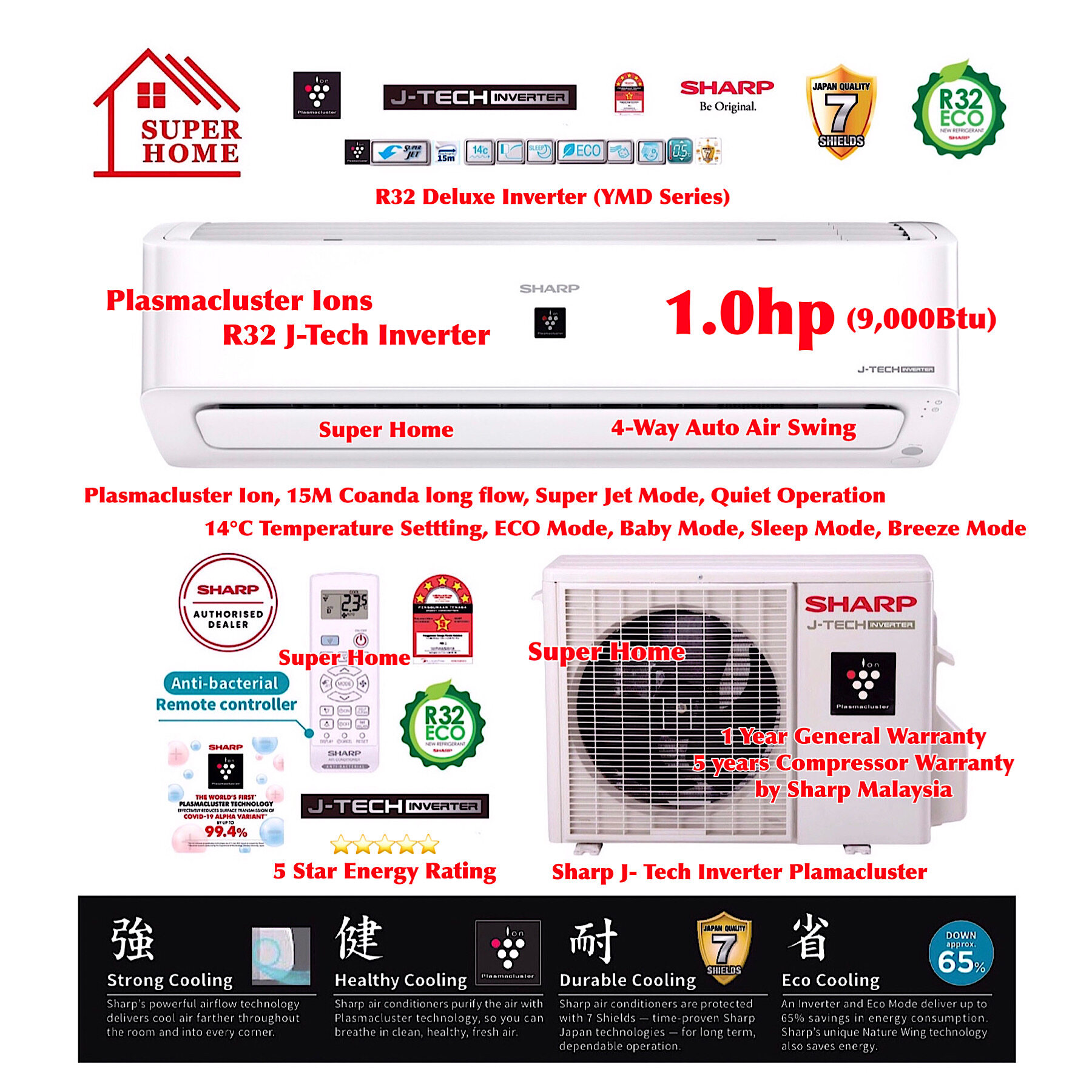 Sharp 1.0hp J-Tech Inverter Aircond AHXP10YMD & AUX10YMD R32 1.0hp ...