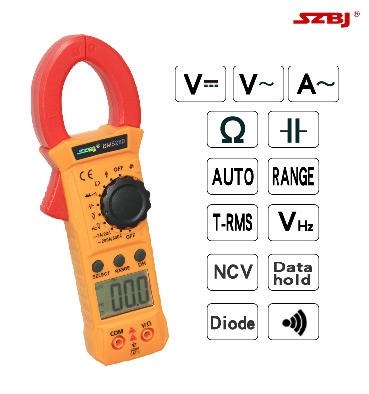 SZBJ BM528D Digital Clamp Meter Multimeter Handheld Non Contact Current ...