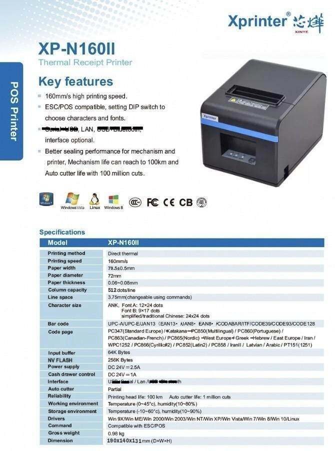 Xprinter Fay Pos Thermal Receipt Printer 80mm Xpn160ii