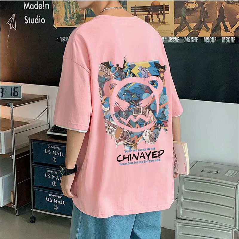 (S-8XL) ฤดูร้อนสไตล์ฮ่องกงปีศาจยิ้มใบหน้าแขนสั้นเสื้อยืดชาย Ins แนวโน้มหลวมคู่แขนสั้นเสื้อยืด ...