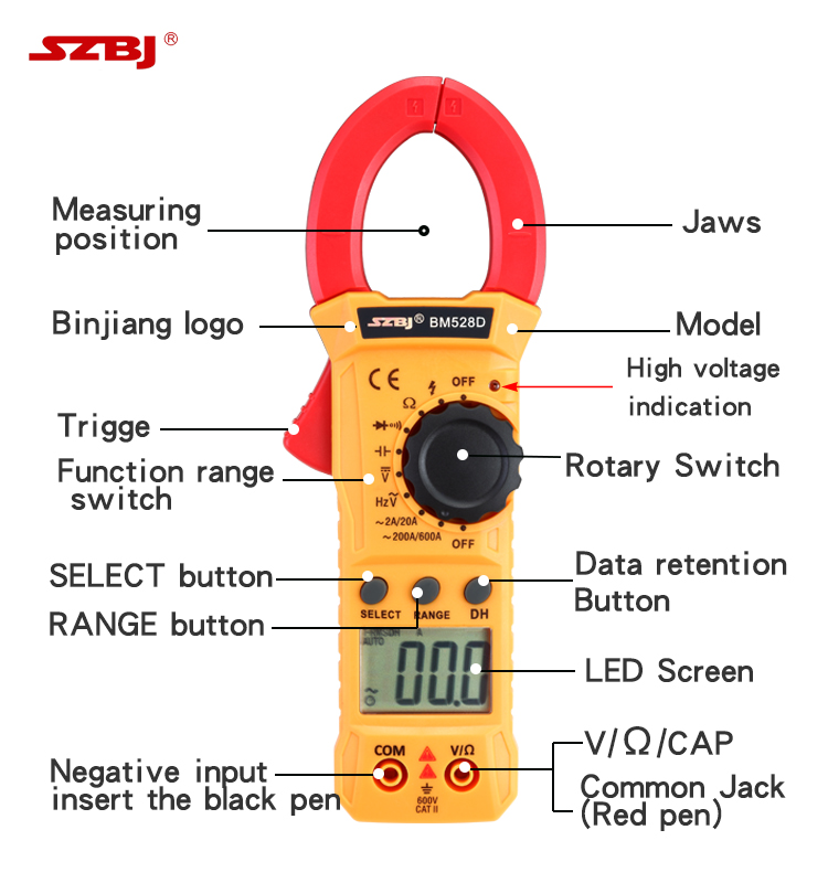 SZBJ BM528D Digital Clamp Meter Multimeter Handheld Non Contact Current ...