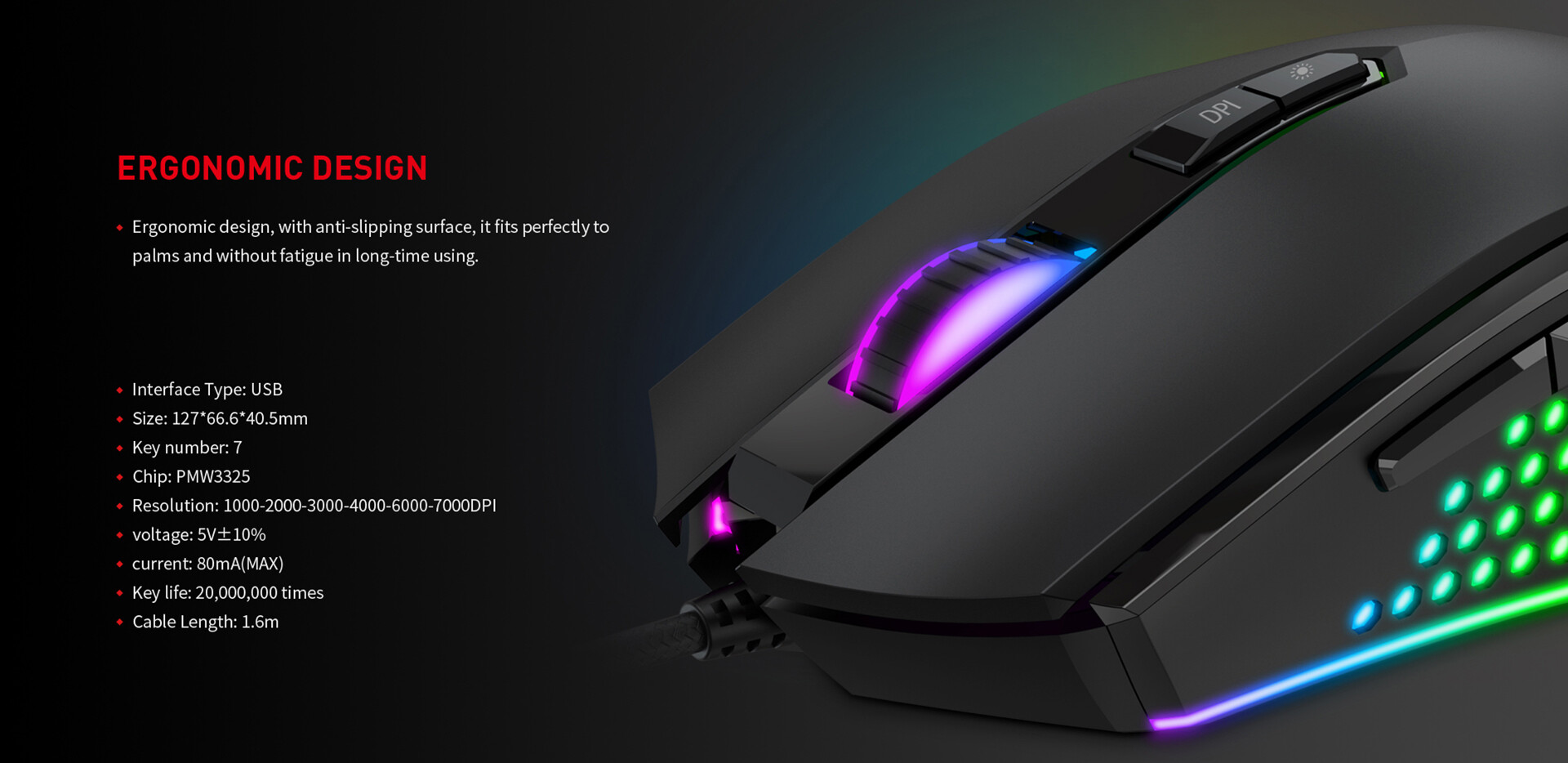 GAMENOTE MS814 7000DPI RGB Backlit Programmable Gaming Mouse