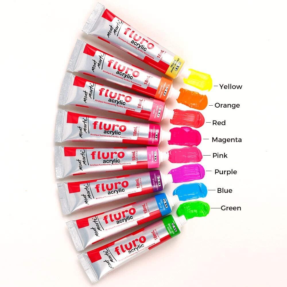 Mont Marte Fluro Acrylic Paint Intro Set (18ml) Tubes, 8 Different ...