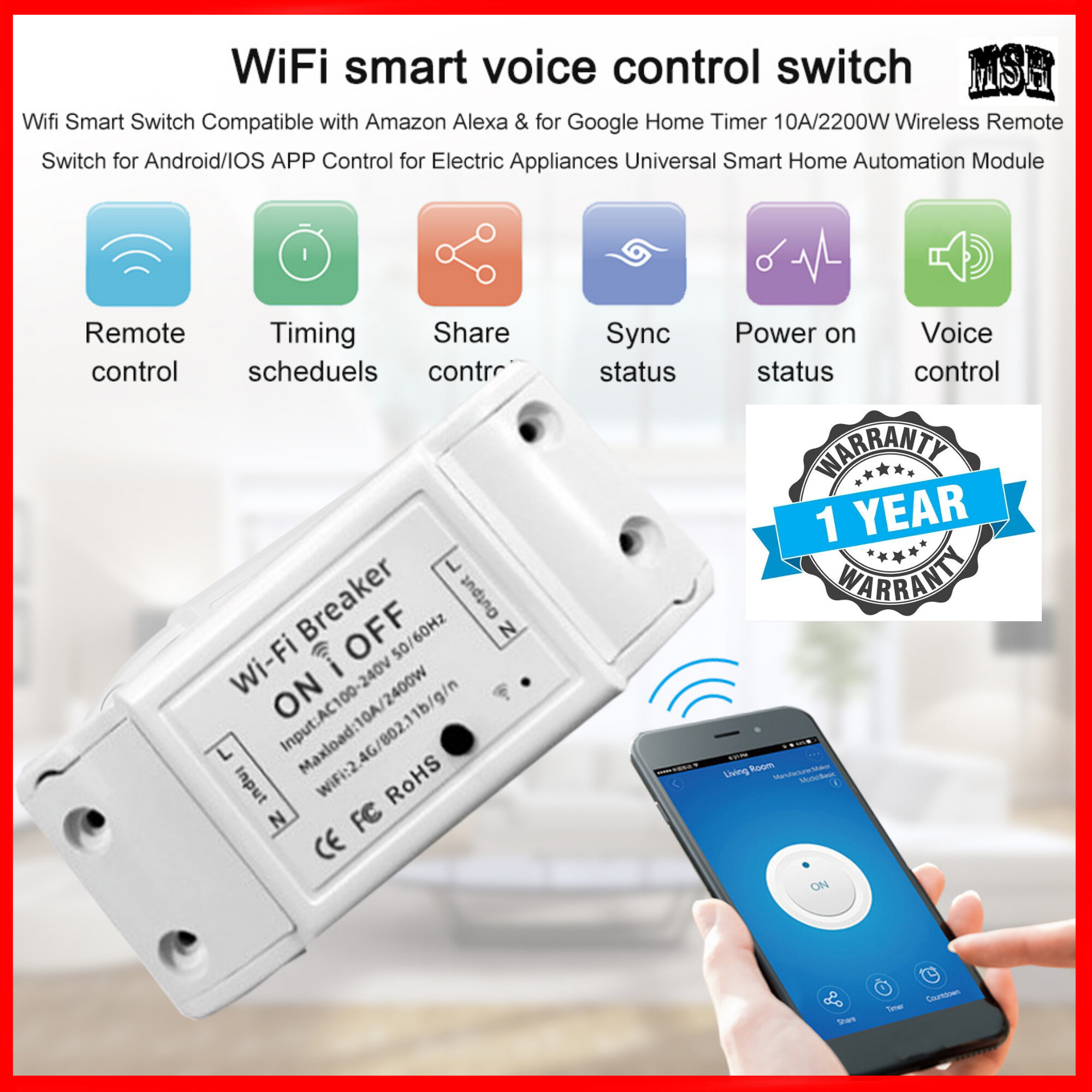 WiFi Smart Switch RF Remote Control By Mobile Phone Touch And Voice Command