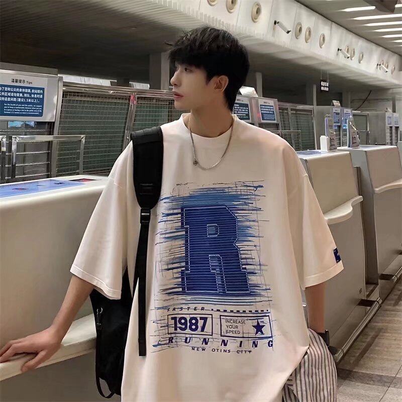 เสื้อยืดแขนสั้นผู้ชาย,เสื้อยืด Ins Tide แบรนด์หลวมเสื้อผ้าสไตล์ฮ่องกงฤดูร้อนปี S-8XL White（白色） S ...