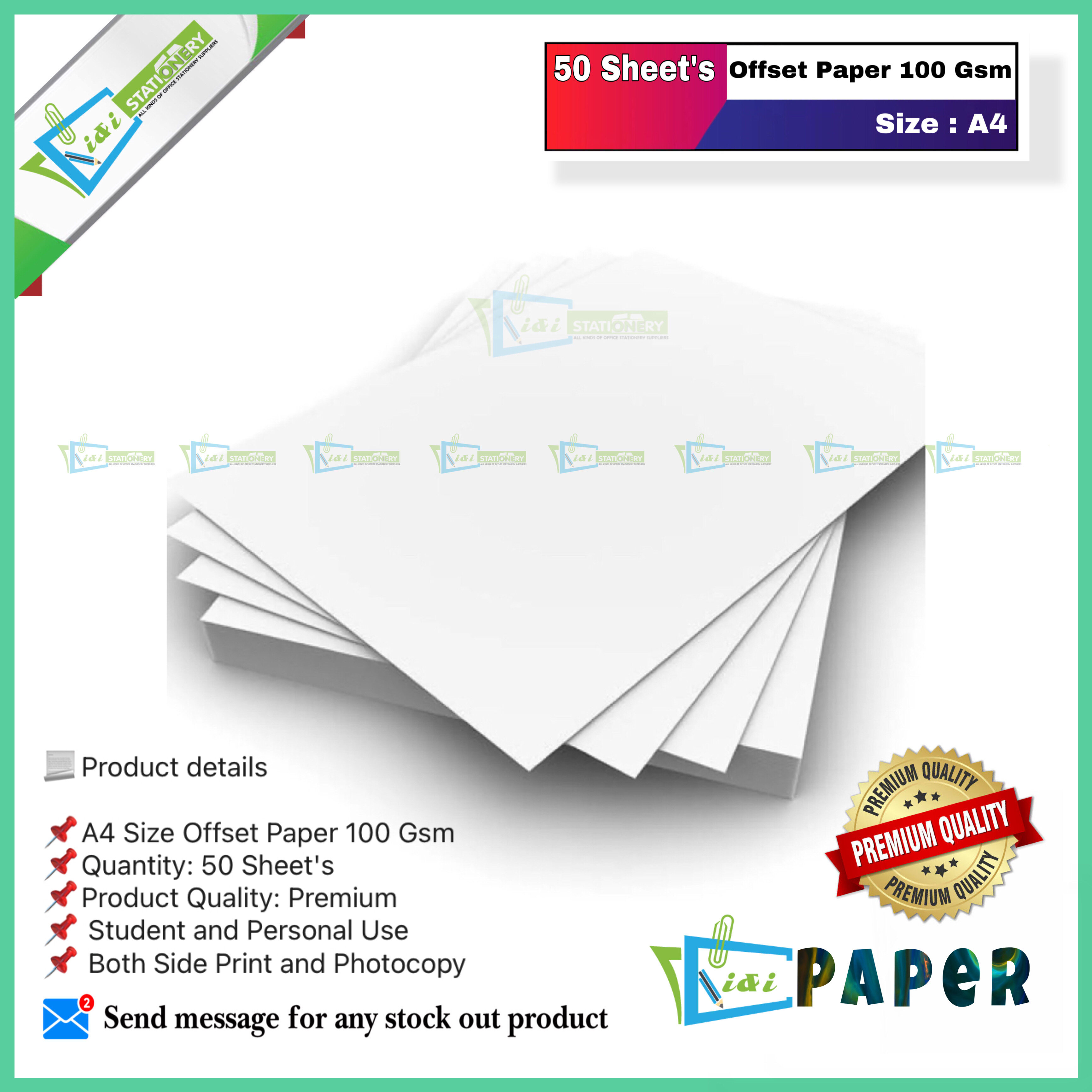 A4 Size Offset Paper 100 Grams per Square Meter Pack of 50 or 100 Sheets