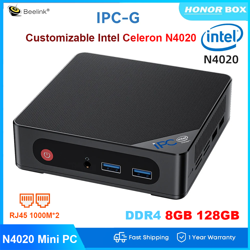 Beelink IPC-G Fanless Mini PC Intel Celeron N4020 up 2.8GHz DDR4 8GB 128GB SSD Gigabit Dual LAN ...