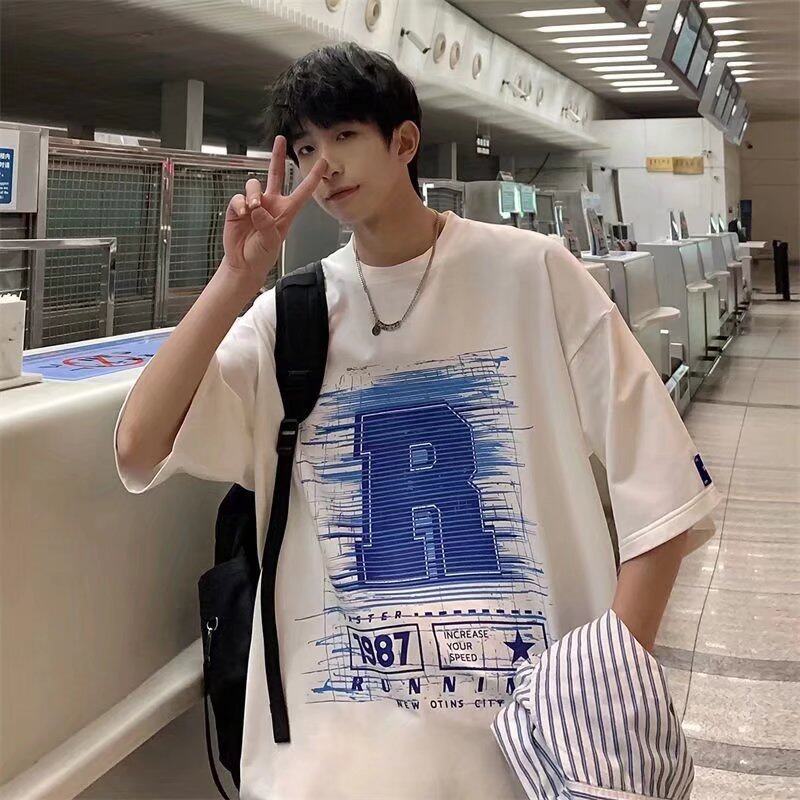 เสื้อยืดแขนสั้นผู้ชาย,เสื้อยืด Ins Tide แบรนด์หลวมเสื้อผ้าสไตล์ฮ่องกงฤดูร้อนปี S-8XL White（白色） S ...