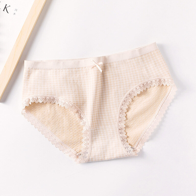 5 Pieces Women Checked Bow Seamless Cotton Midi Waist Underwear #8818