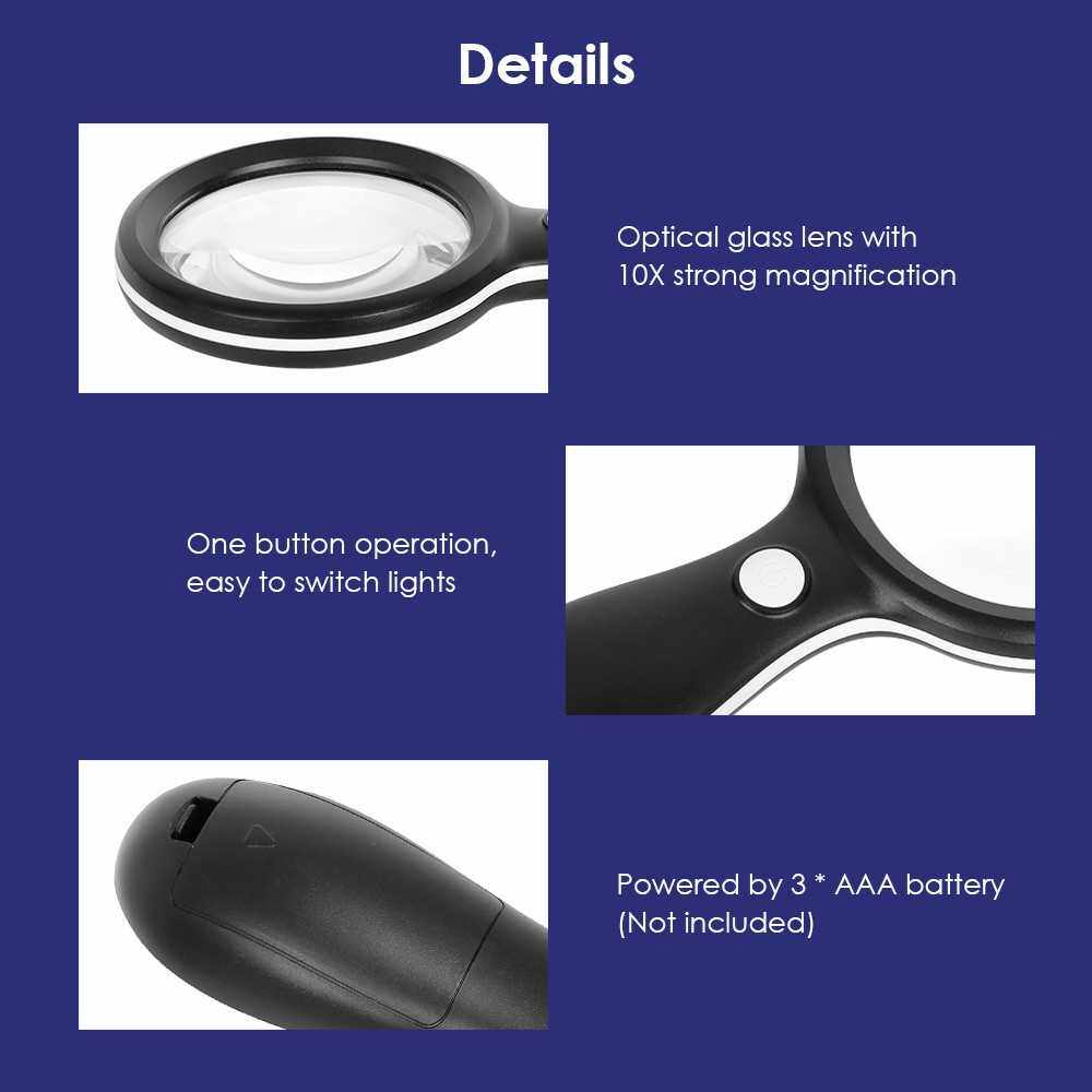 BEST SELLER 10X Handheld Magnifier Lighted Magnifying Glass Lens Large ...