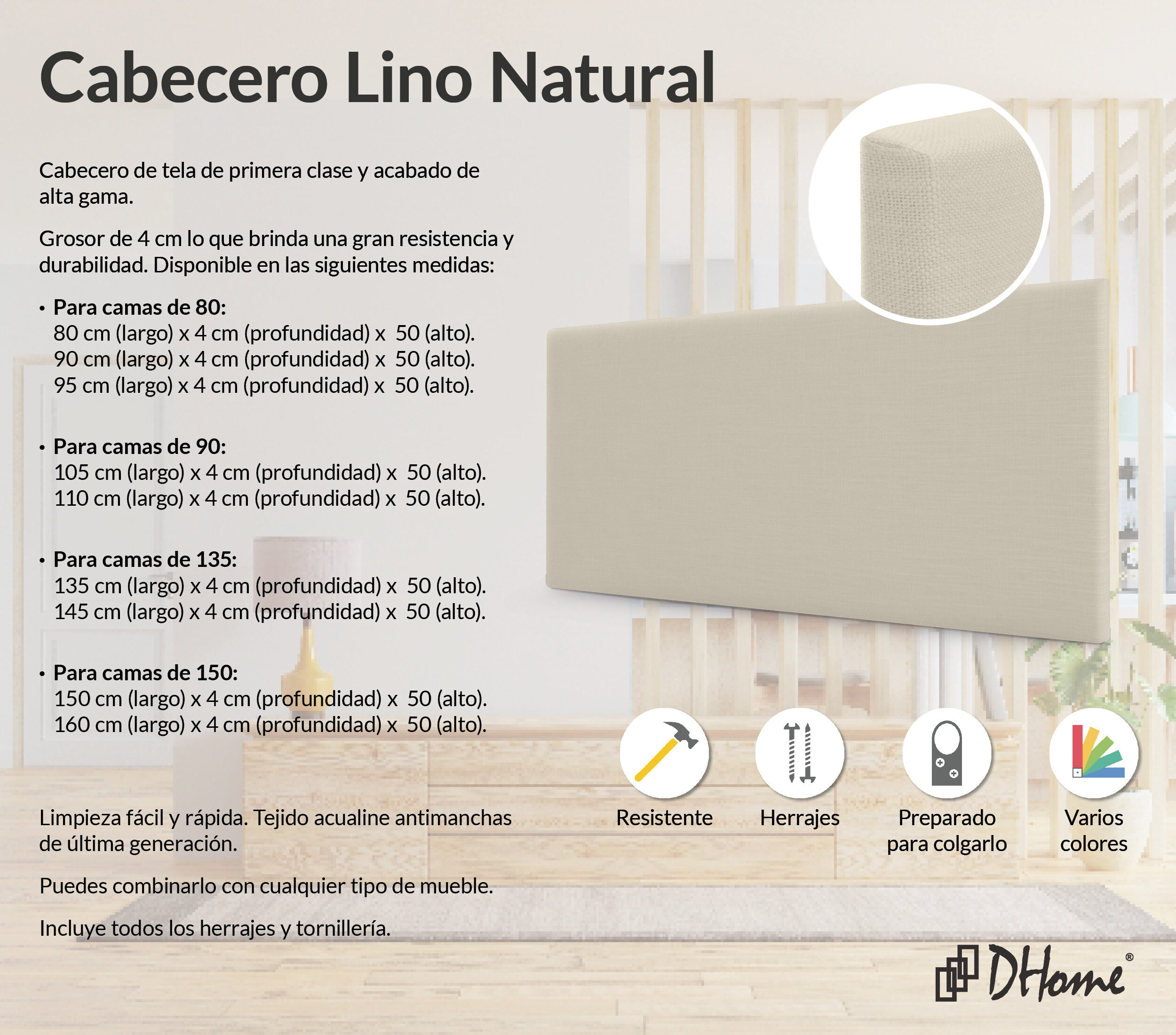 DHOME Cabecero de Lino Natural Liso Cabezal Tapizado Cama Dormitorio ...
