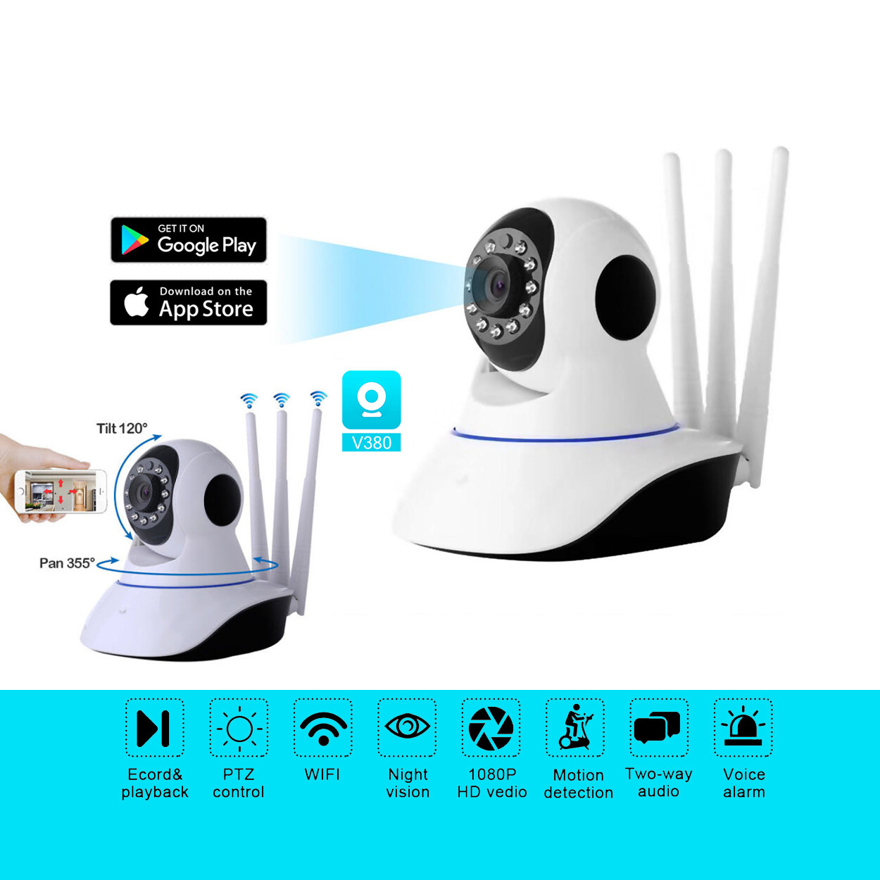 V380 / V380 Pro WiFi IP Camera 3 Antenna 1080P HD Night Vision Baby ...