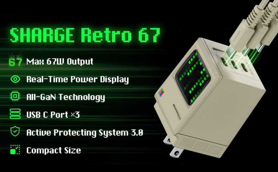 Зарядное устройство Sharge/Shargeek USB C, ретро зарядное устройство 67 GaN с цифровым дисплеем ...